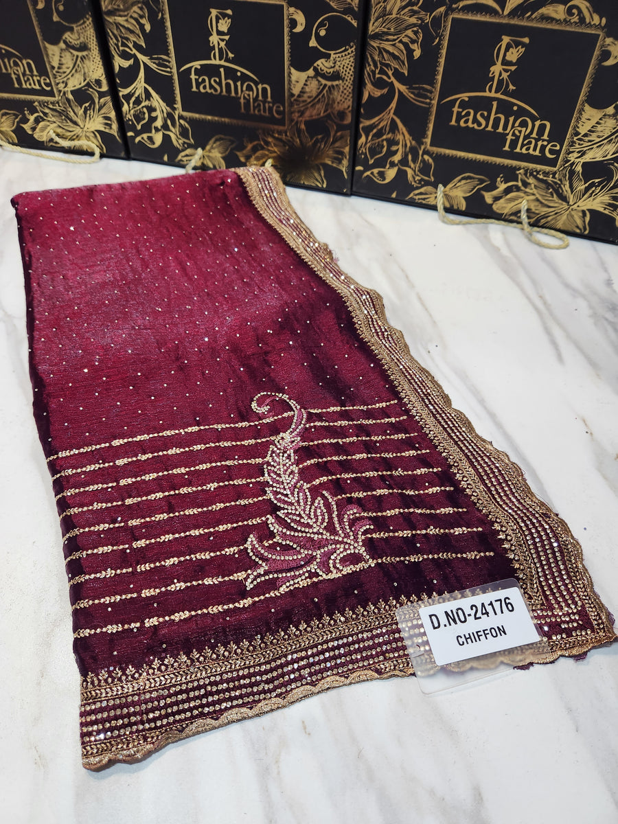 Original Indian Saree Burberry Chiffon Zircon Stone & Embroidered - 20 ...