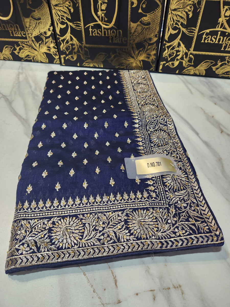 Original Indian Saree Burberry Chiffon Embroidered Zari Tilla & Stone ...