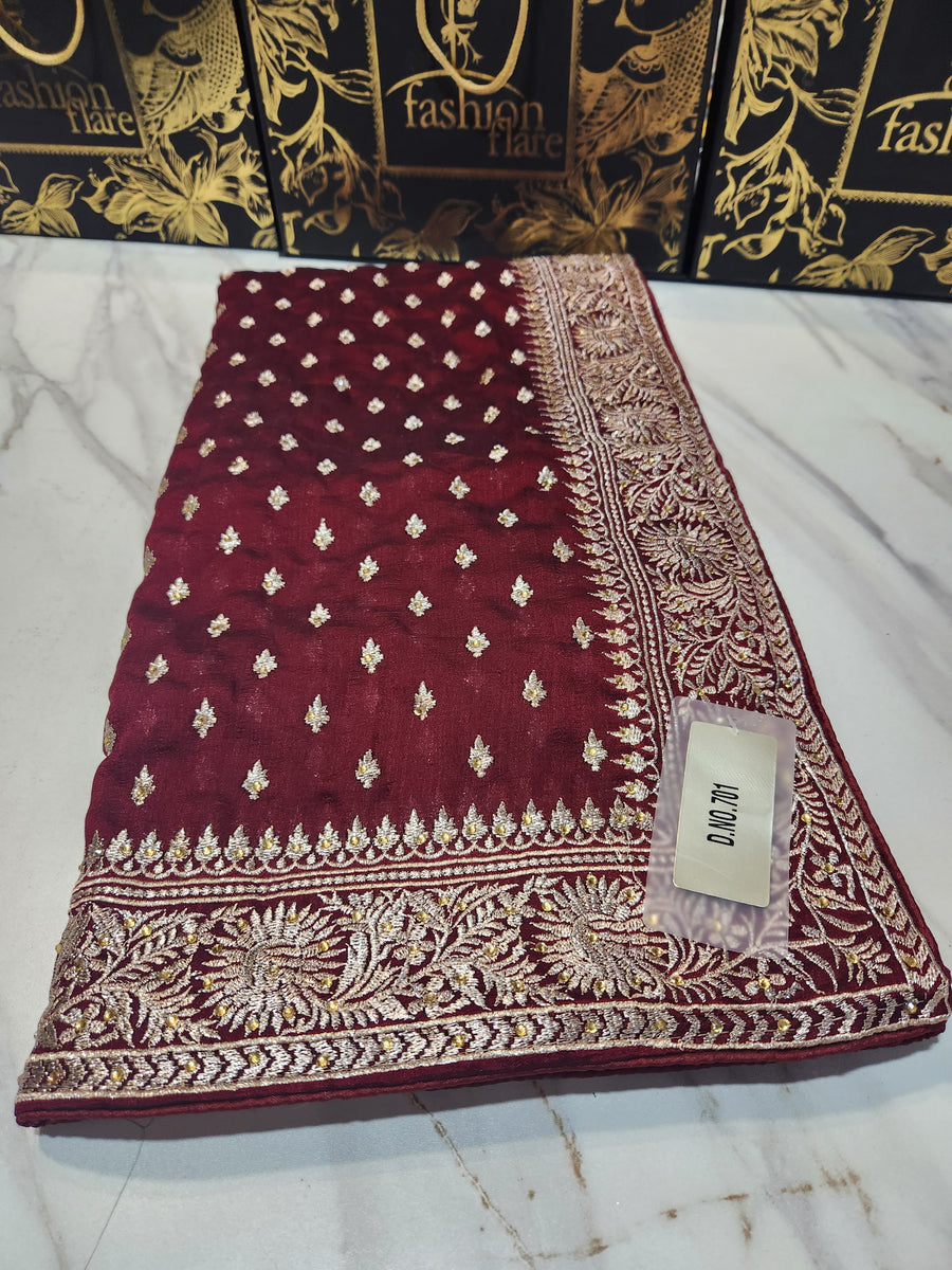 Original Indian Saree Burberry Chiffon Embroidered Zari Tilla & Stone ...