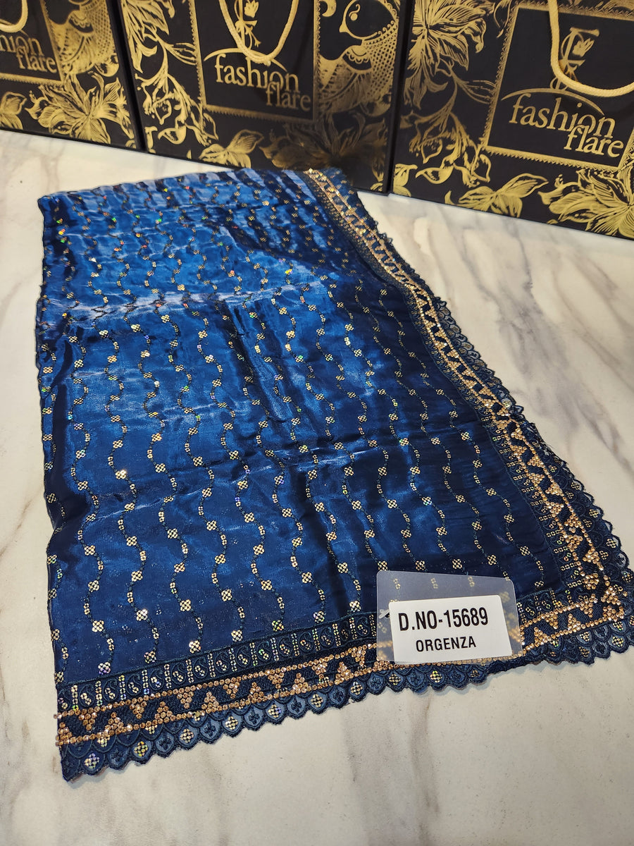 Original Indian Saree Burberry Organza Embroidered with Zircon Stone ...