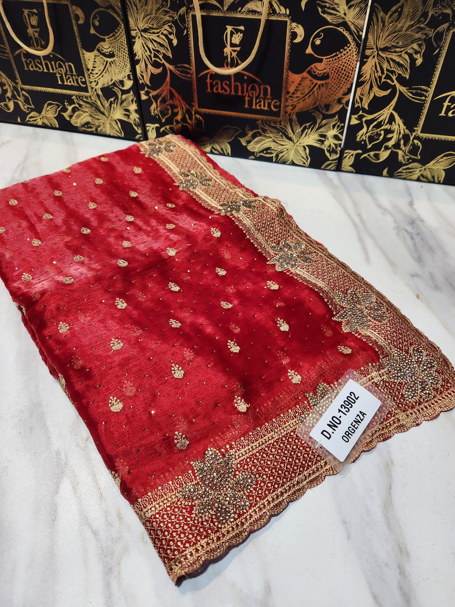Original Indian Saree Kandy Organza Zari Tilla Embroidered with Zircon ...