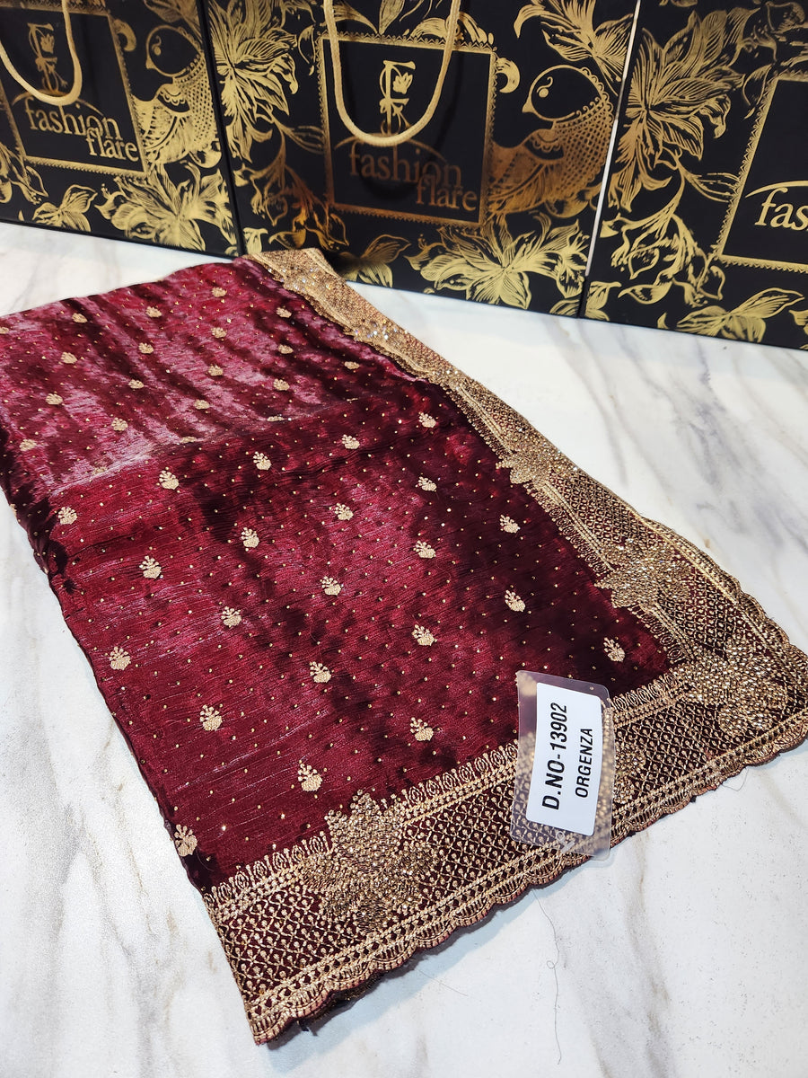 Original Indian Saree Kandy Organza Zari Tilla Embroidered with Zircon ...