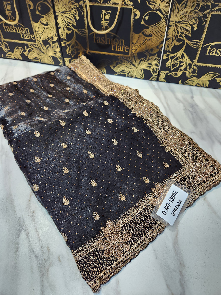 Original Indian Saree Kandy Organza Zari Tilla Embroidered with Zircon ...