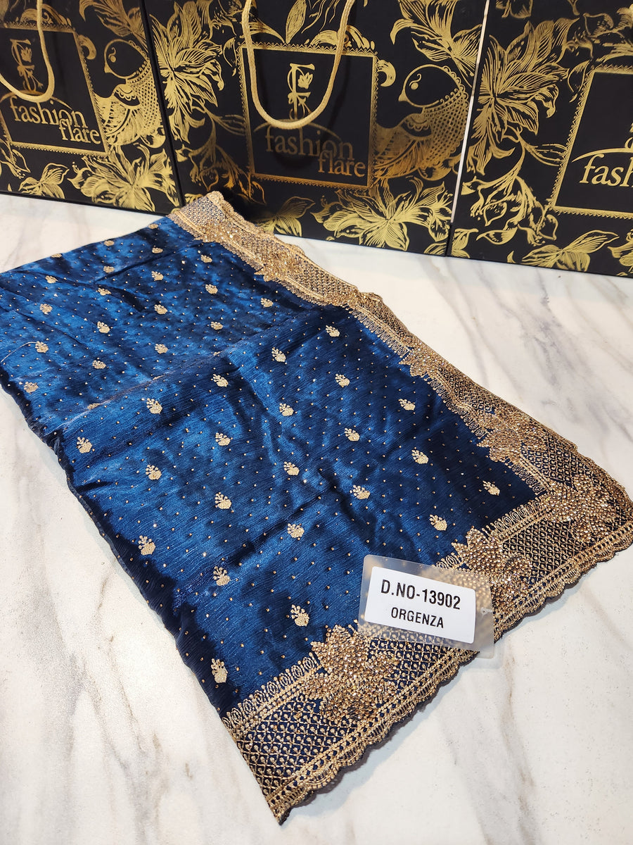 Original Indian Saree Kandy Organza Zari Tilla Embroidered with Zircon ...