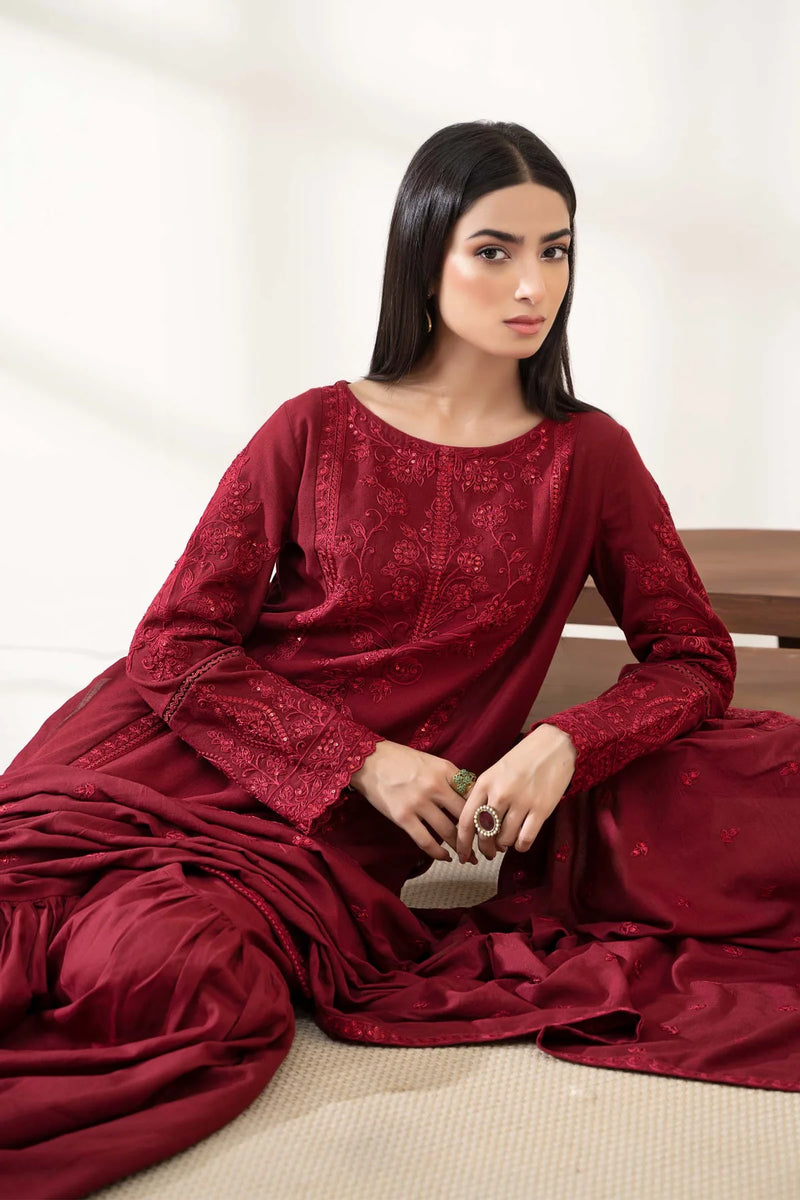 MariaB Luxury Pret Maroon Cotton 3 pc - 09717 – Fashion Flare