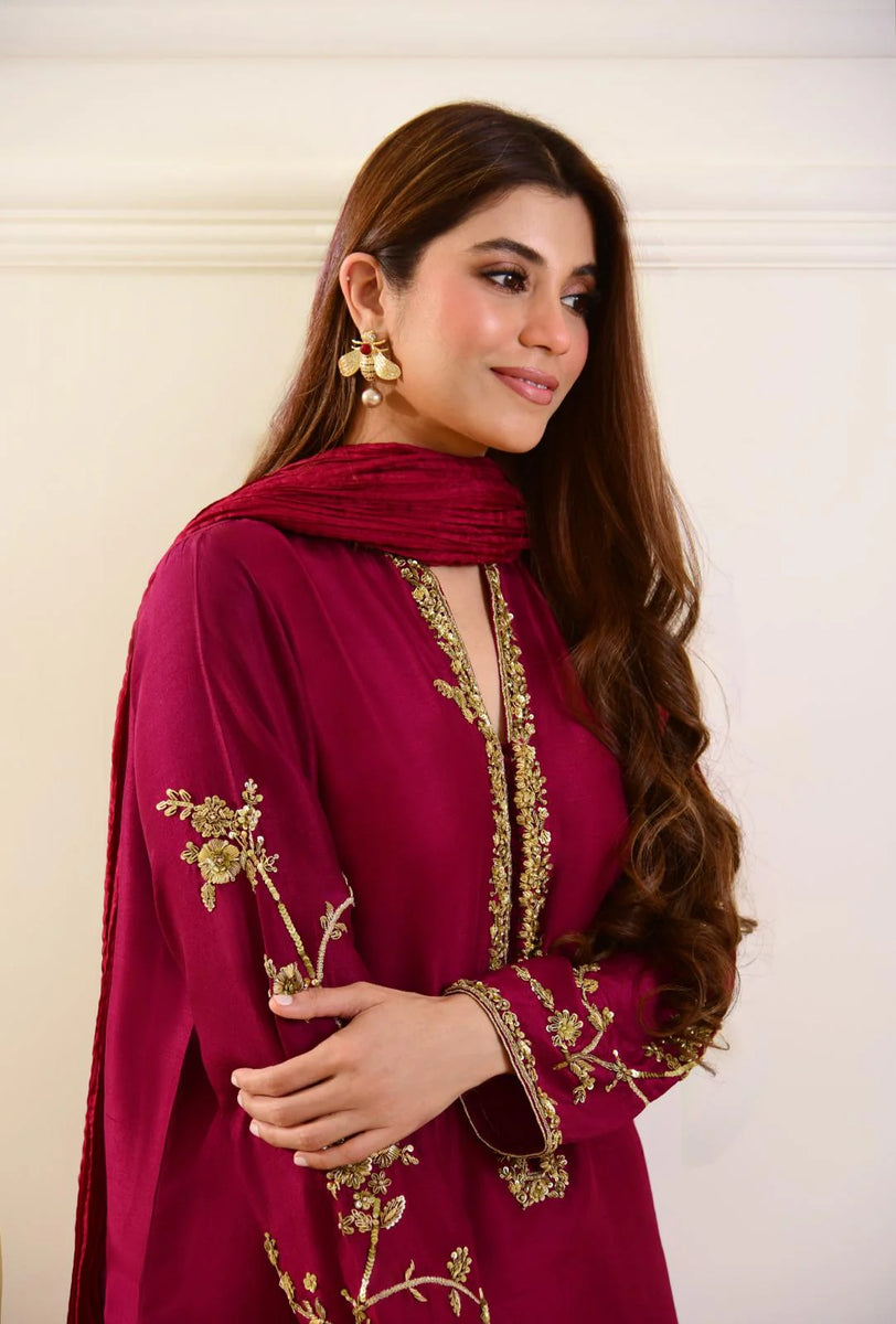 Agha Noor RUBY RED Bridal Adda Work Sheesha Silk 3 Piece Dress with BO ...